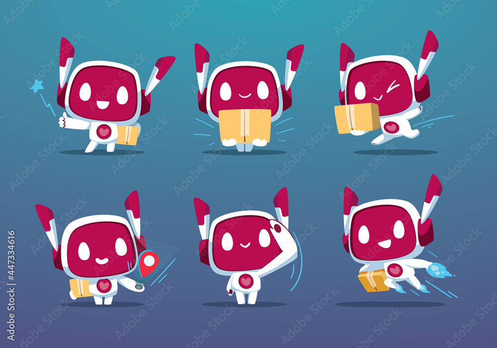 cute friendly white robot mascot delivery set Stock Vector | Adobe Stock