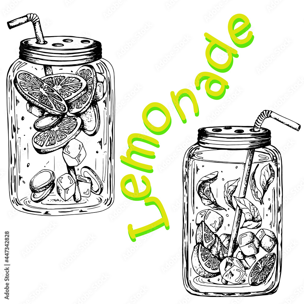 Glass jar with lemon, mint leaves,ginger slices, ice and straw. Black ...