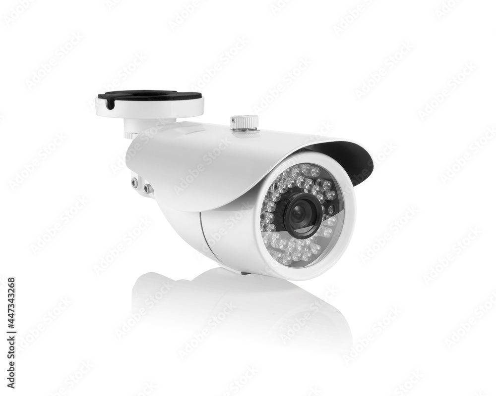 Three-quarter view of round white outdoor surveilance camera with led ...