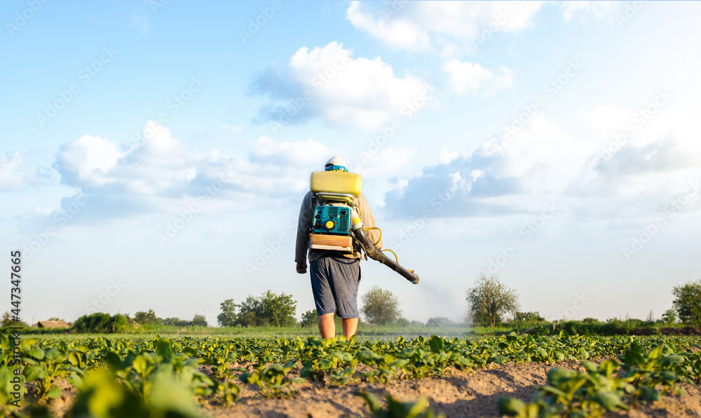 Farmer with a mist sprayer walks through farm field. Protection of ...