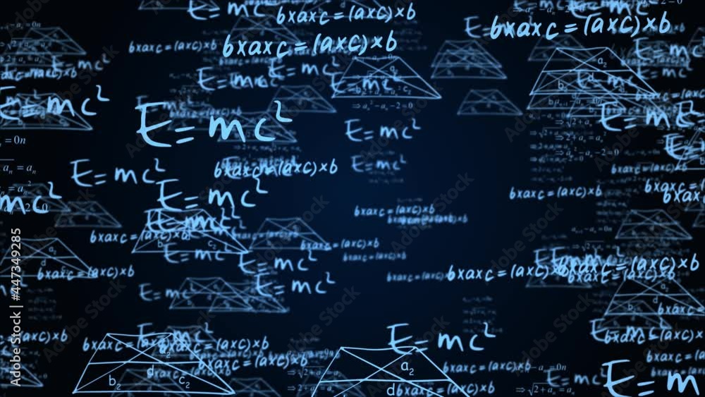 4K Scientific 3d background with physical and mathematical task solutions, formulas in space ...