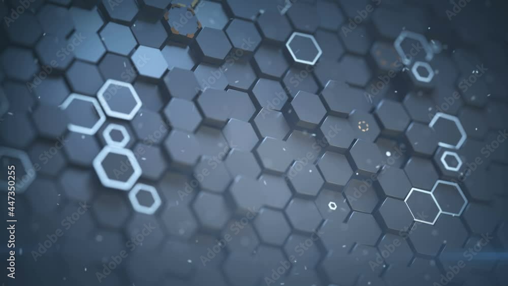 Glowing grey hexagons pattern and particles. Computer generated ...
