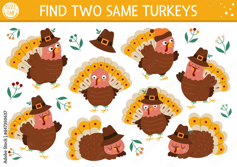 Find two same turkeys. Thanksgiving matching activity for children ...