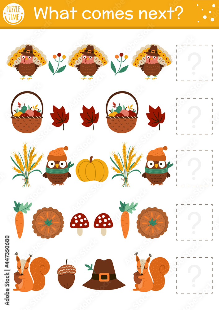 What comes next. Thanksgiving matching activity for preschool children ...