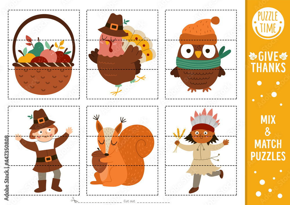 Vector Thanksgiving mix and match puzzle with pilgrim, turkey, owl ...