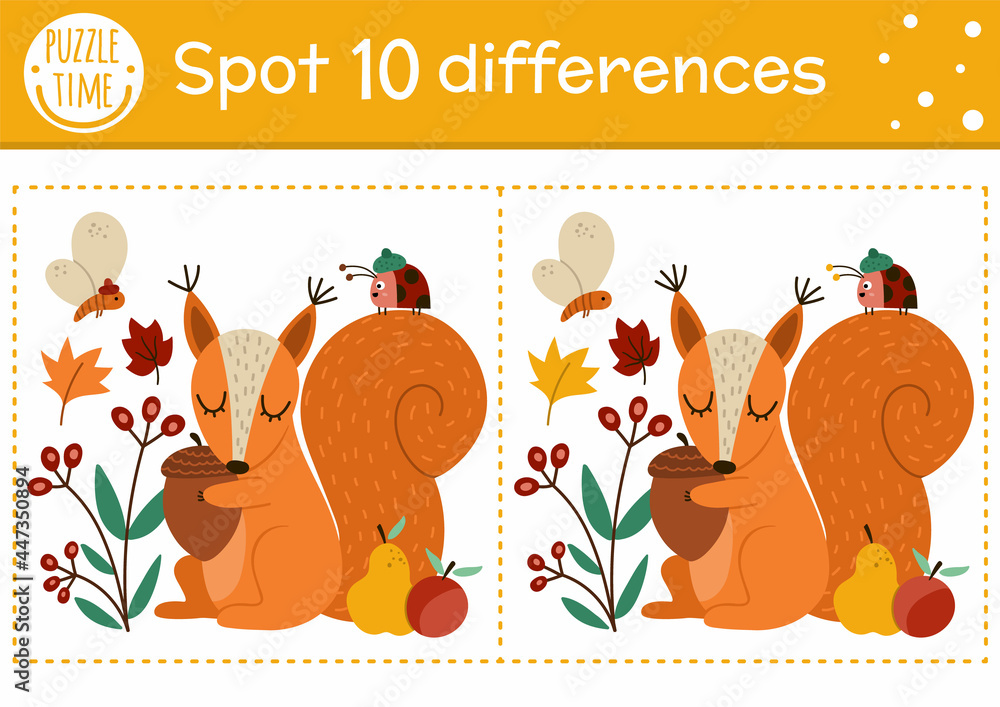 Find differences game for children. Autumn forest educational activity ...