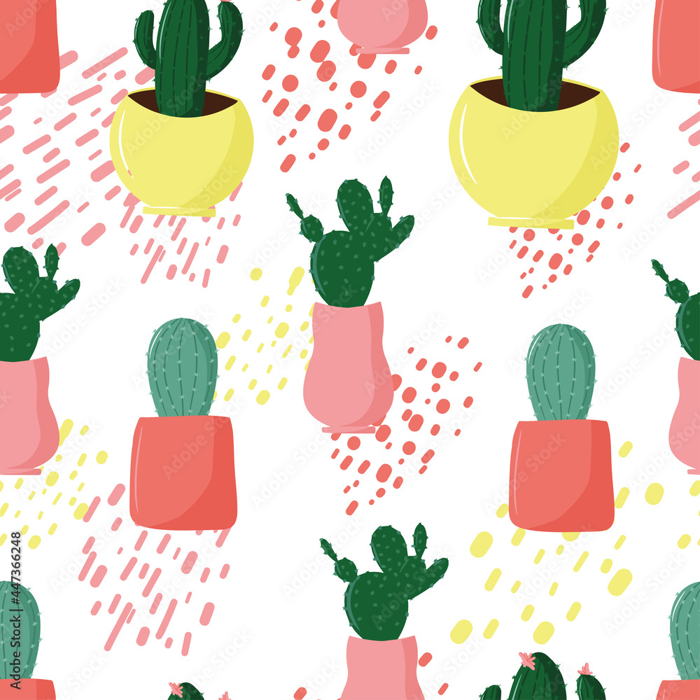 Seamless pattern with cacti, pattern with cacti and sticks, summer theme, cute cacti in pots ...