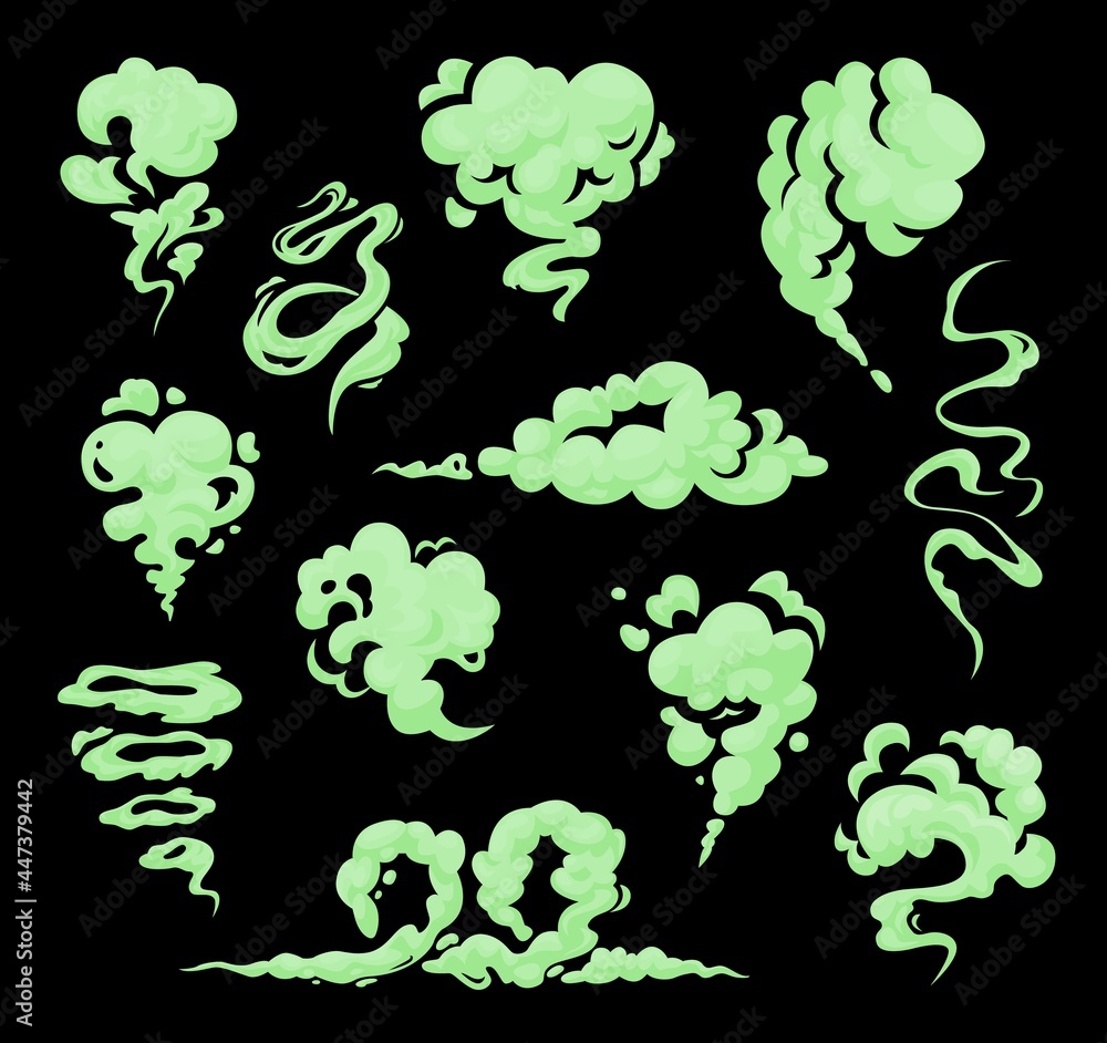Cartoon bad green smell, stench, stink smoke and toxic clouds isolated ...