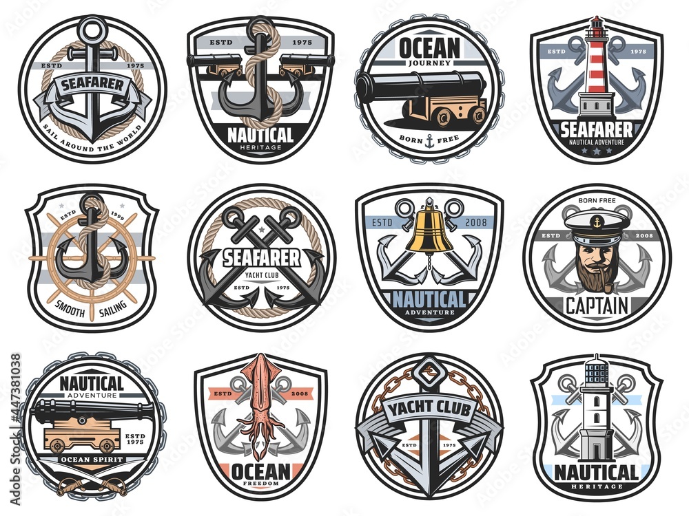 Nautical marine vector icons with anchor, steering wheel and lighthouse ...