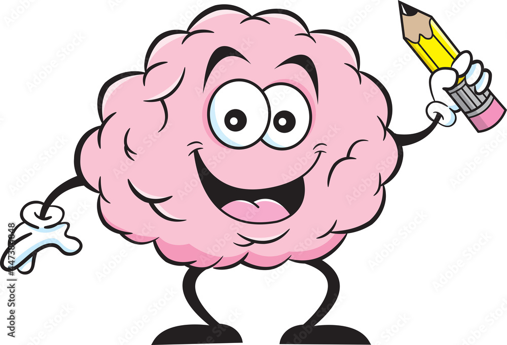 Cartoon illustration of a brain smiling while holding a pencil. Stock ...