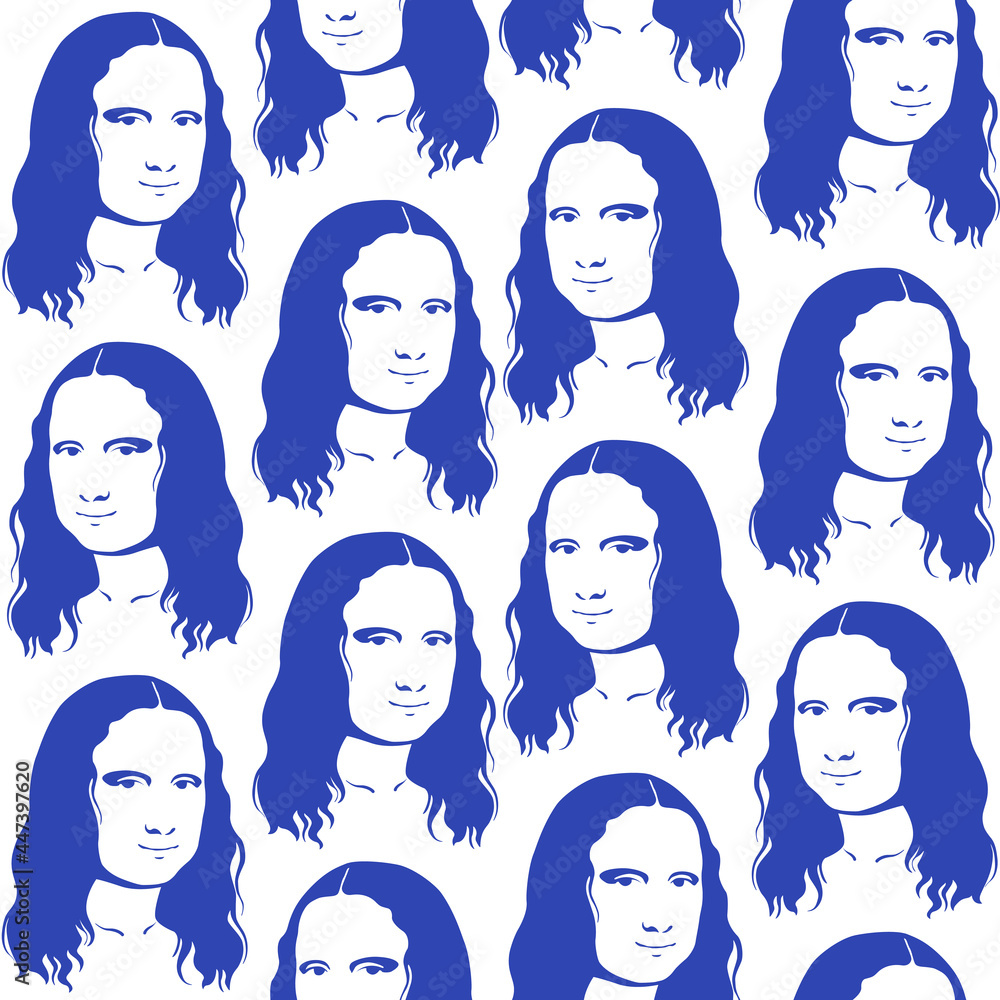 Seamless pattern with the image of the Mona Lisa's faces in a flat ...