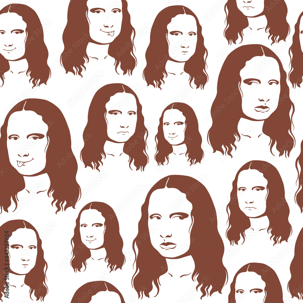 Seamless pattern with the image of the Mona Lisa's faces in a flat ...