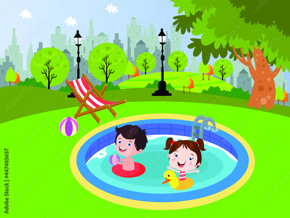 Happy children cartoon character playing in backyard swimming pool ...
