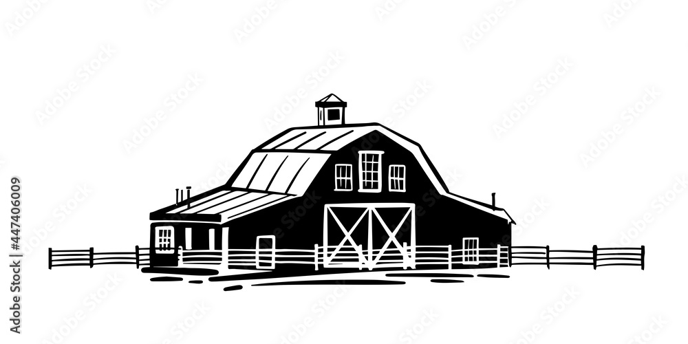 Handmade ranch in black and white outline. Vector illustration of ...