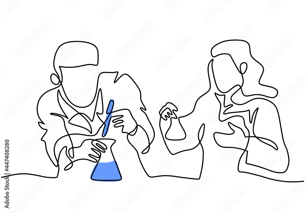Continuous single line drawing of female and male scientist doing ...