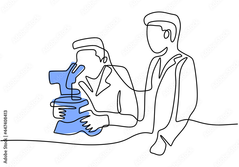 One continuous line drawing of two male scientist woman looking through ...