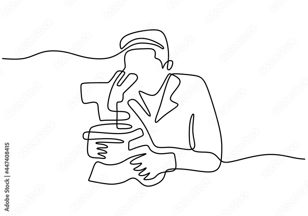 One continuous line drawing of two male scientist woman looking through ...