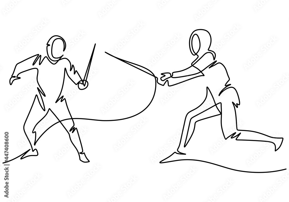 Continuous one line drawing of two man fencing athletes fight suit ...