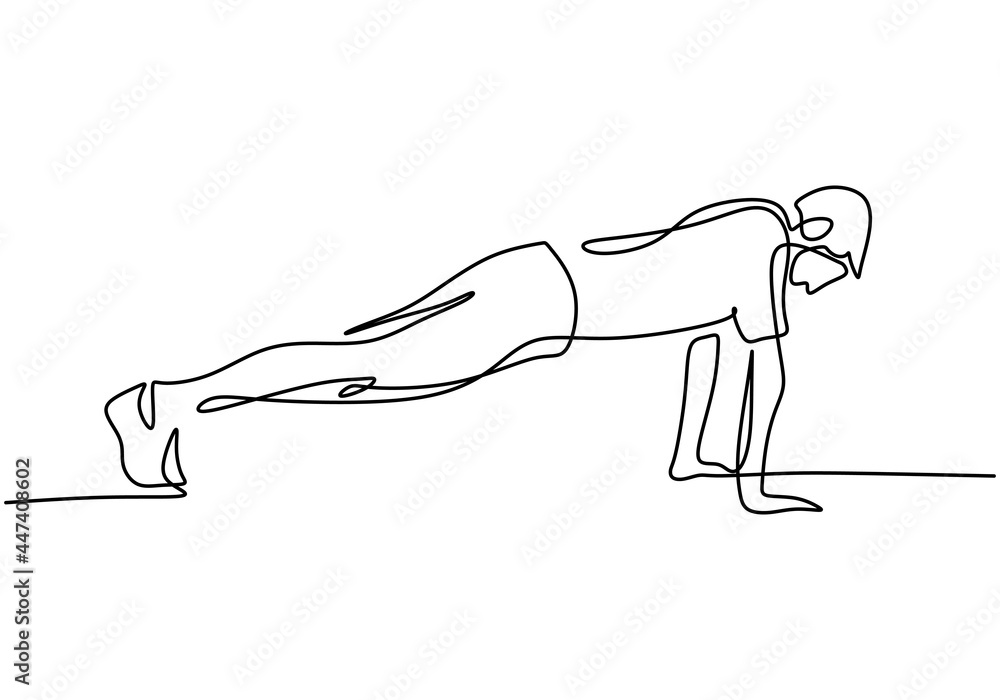 One continuous line drawing of young man training doing push ups in a ...