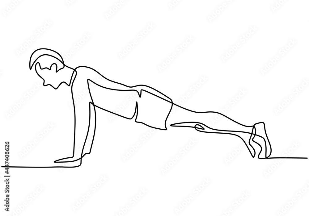 One continuous line drawing of young man training doing push ups in a ...