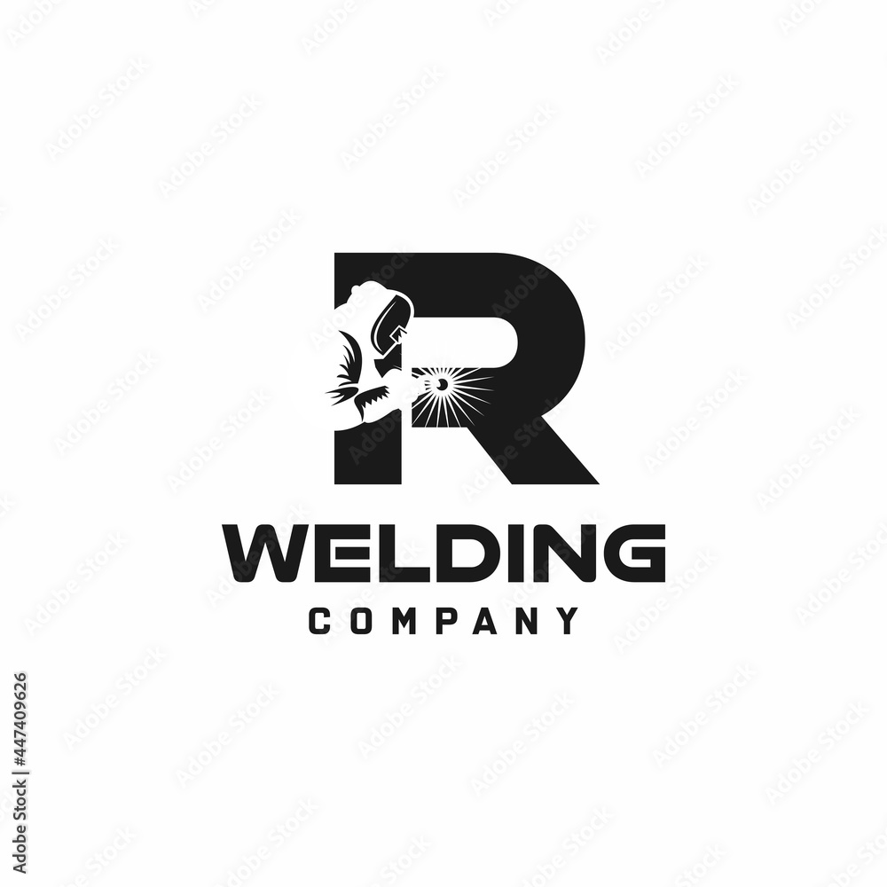 Letter R welding logo, welder silhouette working with weld helmet in ...