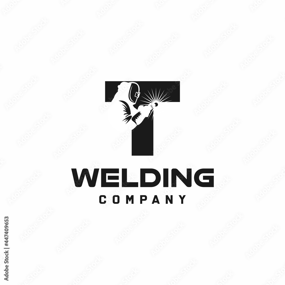 Vetor de Letter T welding logo, welder silhouette working with weld ...