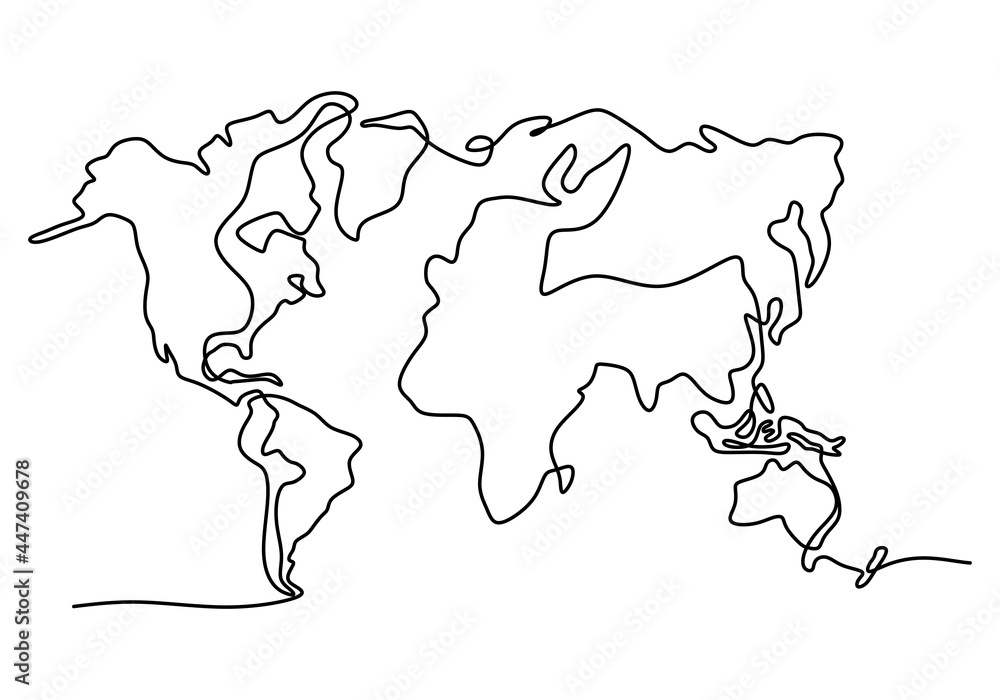 World map one line drawing on white isolated background. A Globe ...