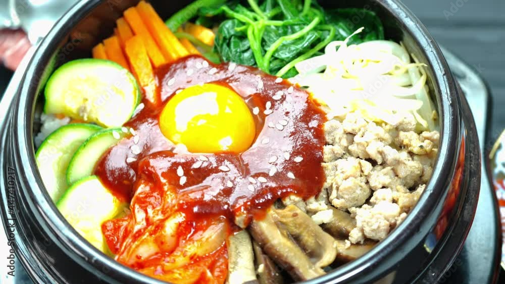 Bibimbap mixed rice with meat and assorted vegetables, Korean spicy ...