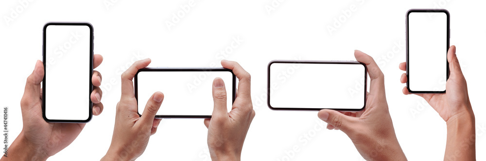 Hand holding smartphone , iphone with blank screen and modern frameless ...