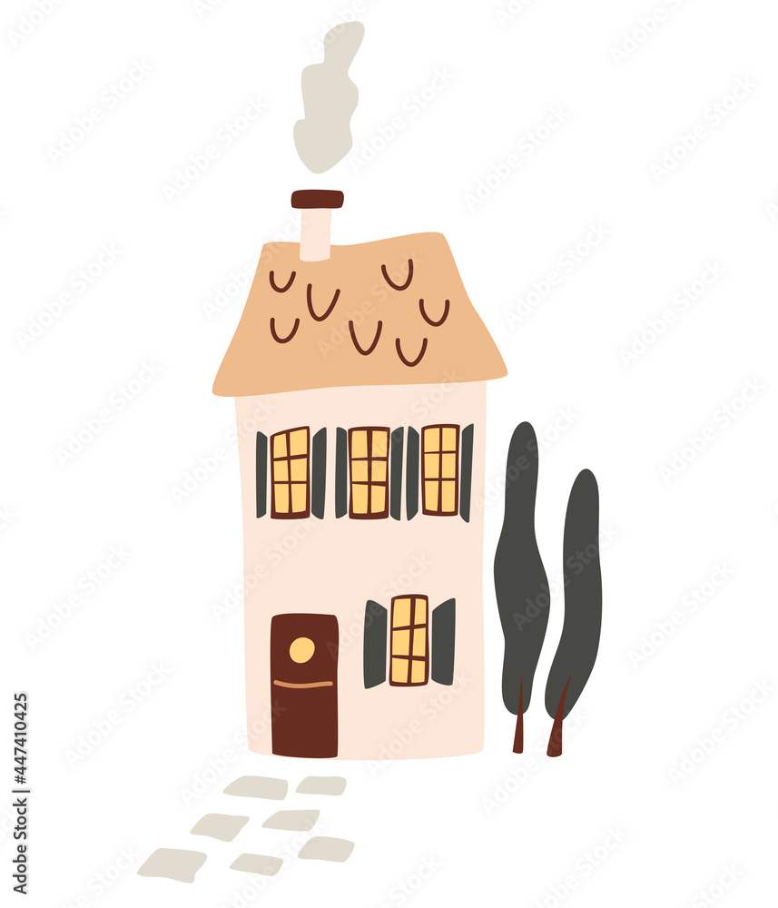 Cartoon beautiful big house. Country house with smoke from the chimney ...