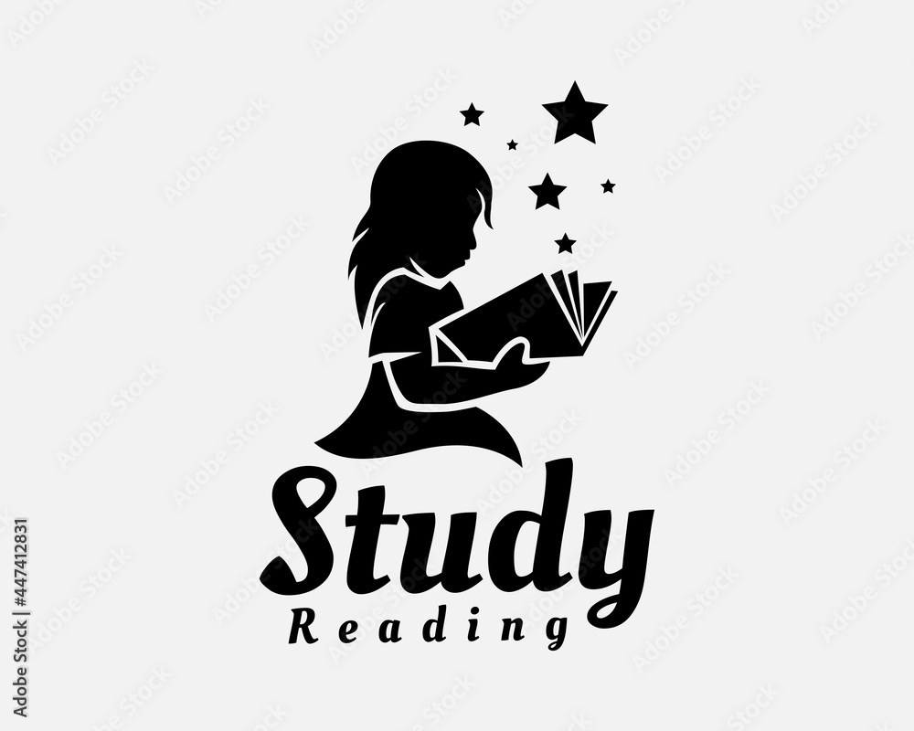 women reading book reach dream star success silhouette logo template ...