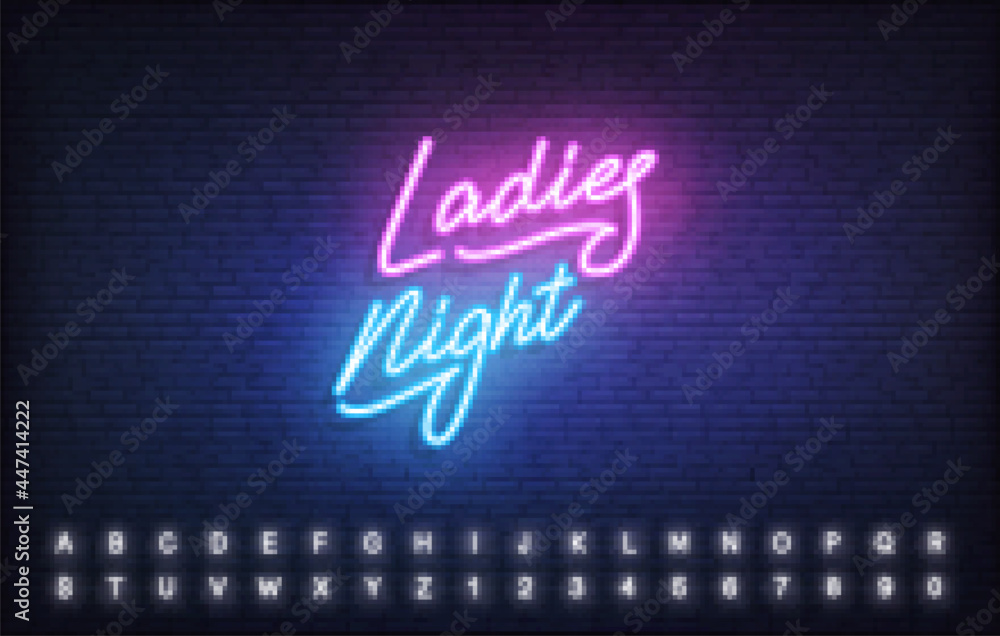 Ladies Night neon template. Glowing neon lettering Ladies Night sign ...
