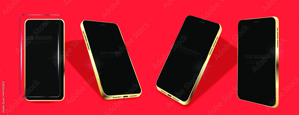 Presentation of new golden smartphone with blank screen on red ...