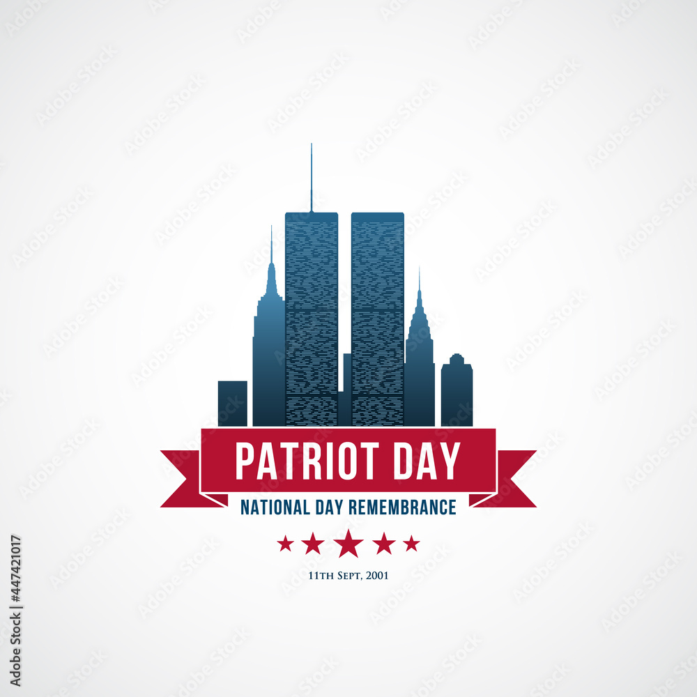 Patriot Day concept design with Twin Towers, red ribbon and text We ...