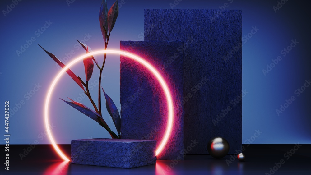 Abstract neon background with glowing geometric shapes, objects and ...