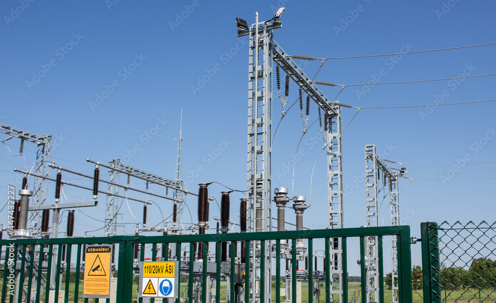 High voltage power transformer substation. Stock Photo | Adobe Stock