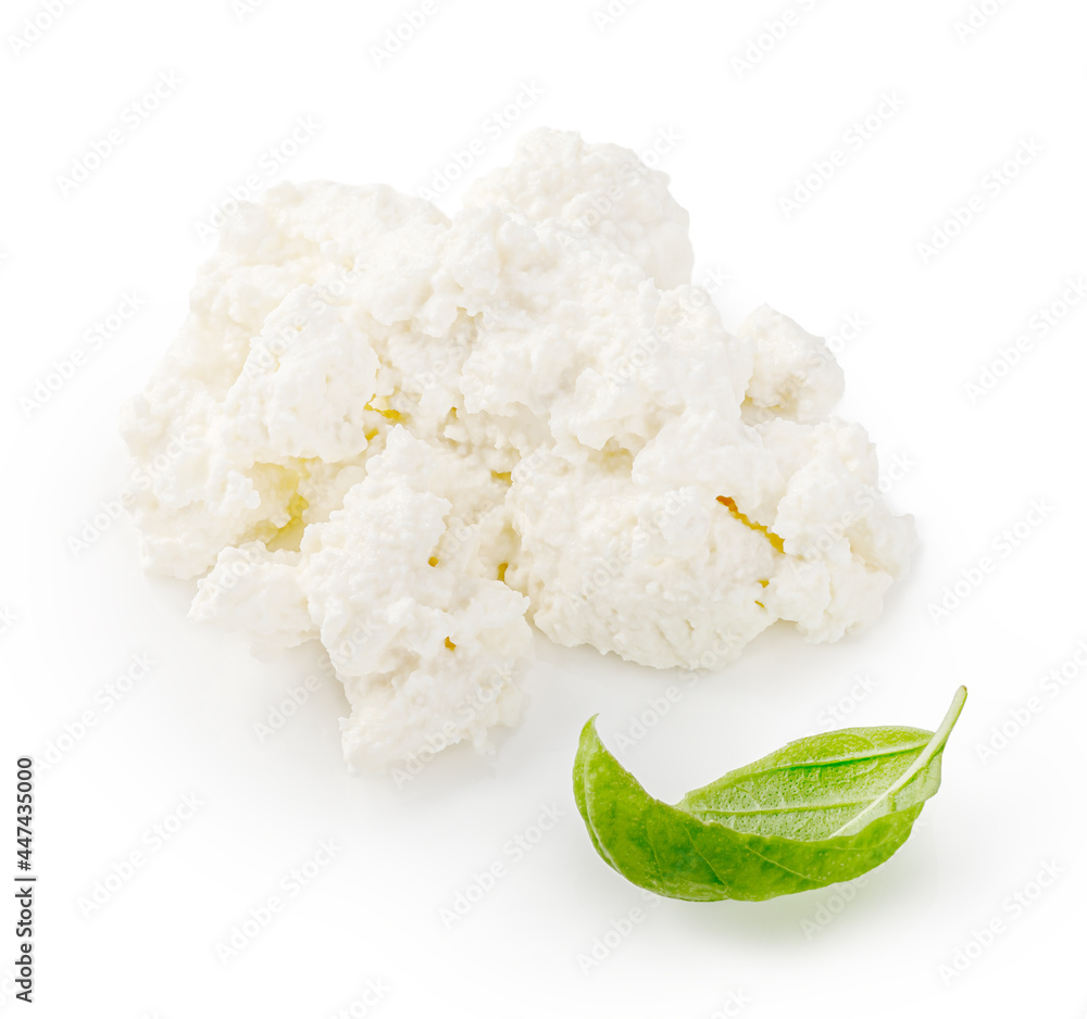 Fresh ricotta cheese isolated. Heap of ricotta soft cheese with basil ...