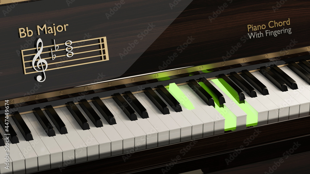 Classic piano with Bb major chord on piano keys, close up, classical ...