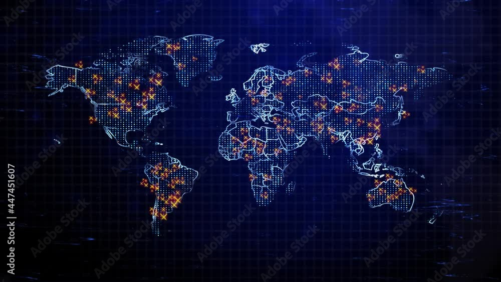 Cyber attack and Internet Cyber Crime data base hack points on World Map Loop Animation ...