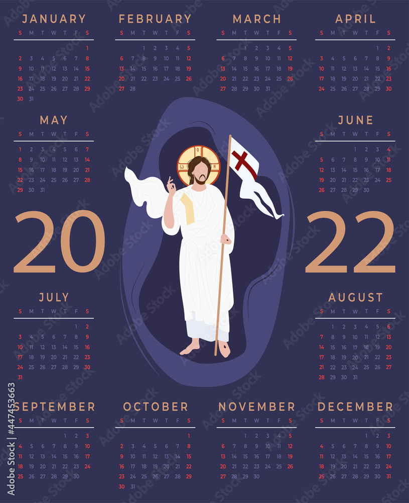 Vetor de 2022. Annual religious calendar with Jesus Christ the Savior ...