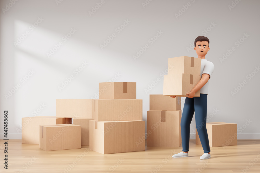 Cartoon handsome casual man carries boxes at minimal interior with ...