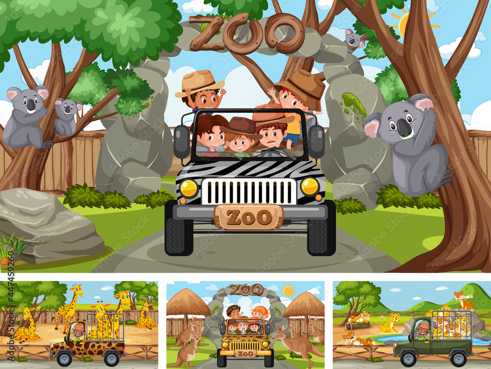 Four different zoo scenes with kids and animals Stock Vector | Adobe Stock