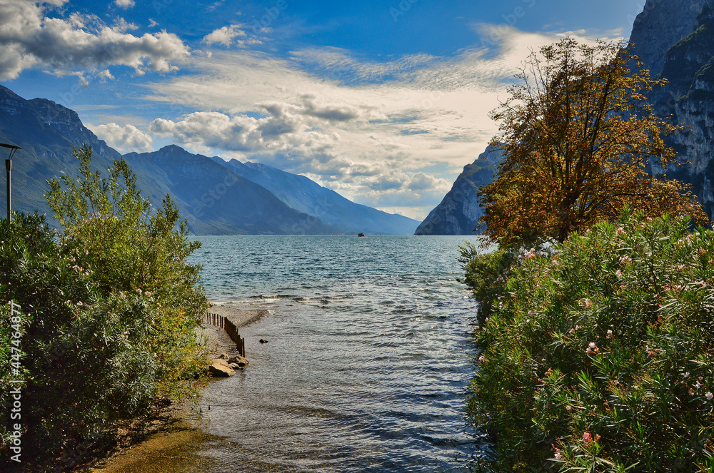 river Sarca flows into lake garda, Riva, Nago, Torbole. landscape with ...
