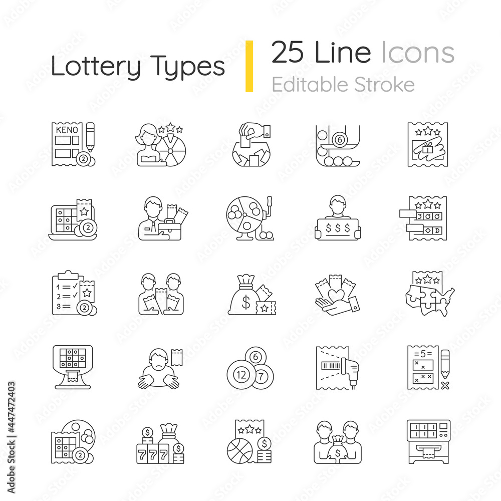 Lottery types linear icons set. Gambling games. Winning jackpot ...