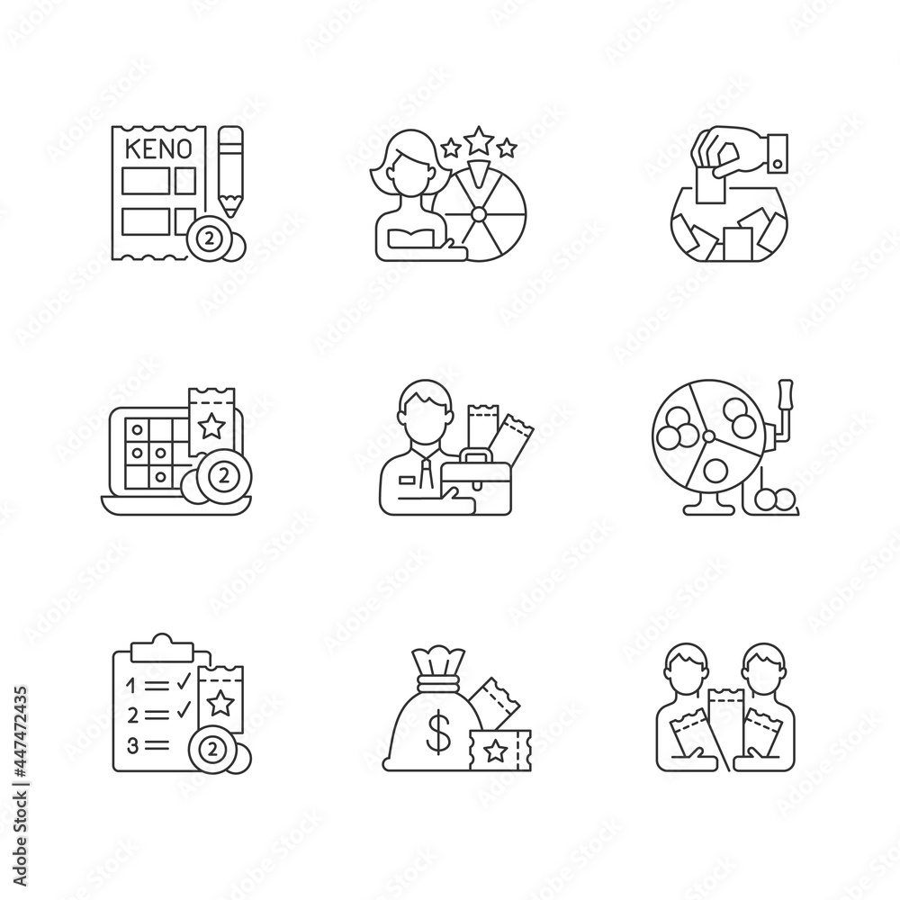 Gambling game types linear icons set. Quiz show. Keno game. Raffle ... Gambling game types linear icons set. Quiz show. Keno game. Raffle ...