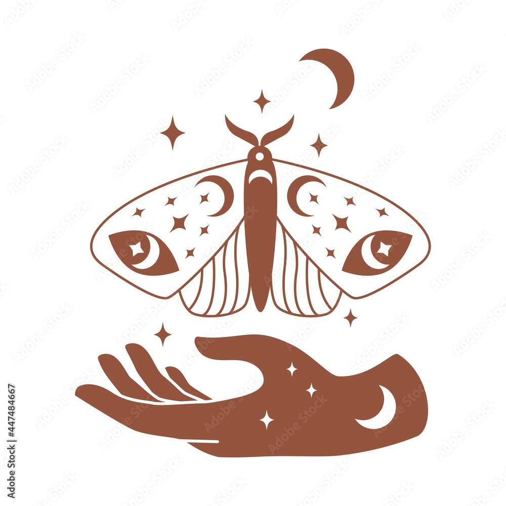 Magical moth silhouette with hand, moon, star in minimal boho style ...