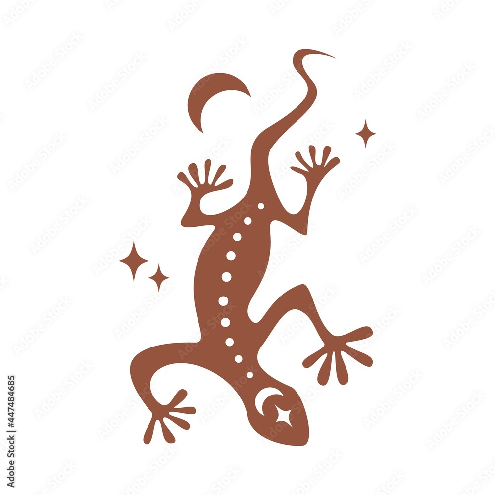 Vecteur Stock Magical lizard silhouette with moon, star in minimal boho ...