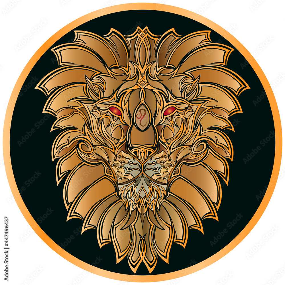 Gold shield with leo image with golden zodiac sign and symbol. Isolated ...