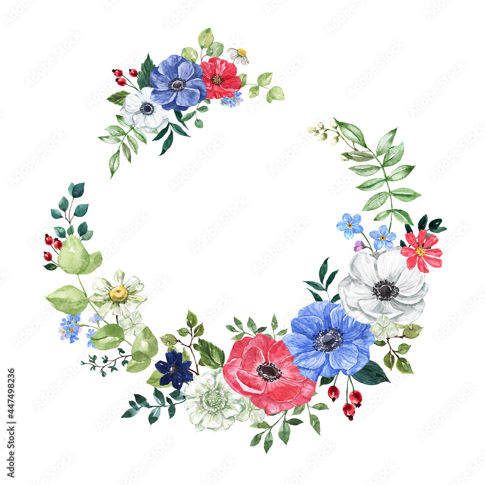Beautiful watercolor floral wreath. hand painted red, white and blue ...