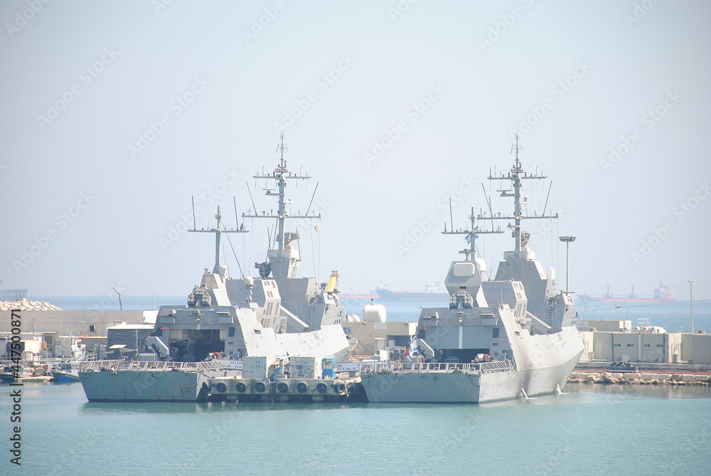 Israeli battle ships in harbor of Haifa. Two Sa'ar 5 class missile ...